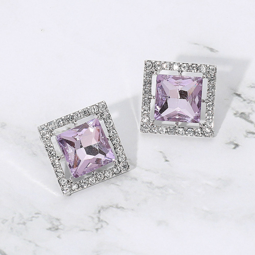 Lavender Square Cut Gemstone Frame Pageant & Prom Stud Earrings on ...