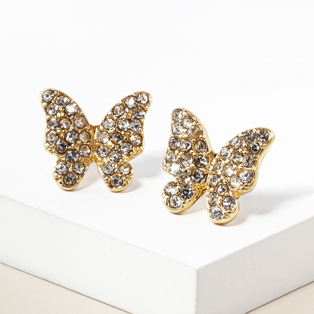 Small Clear On Gold Rhinestone Butterfly Stud Pageant Earrings Crystal Earrings for Little Girls L M Bling