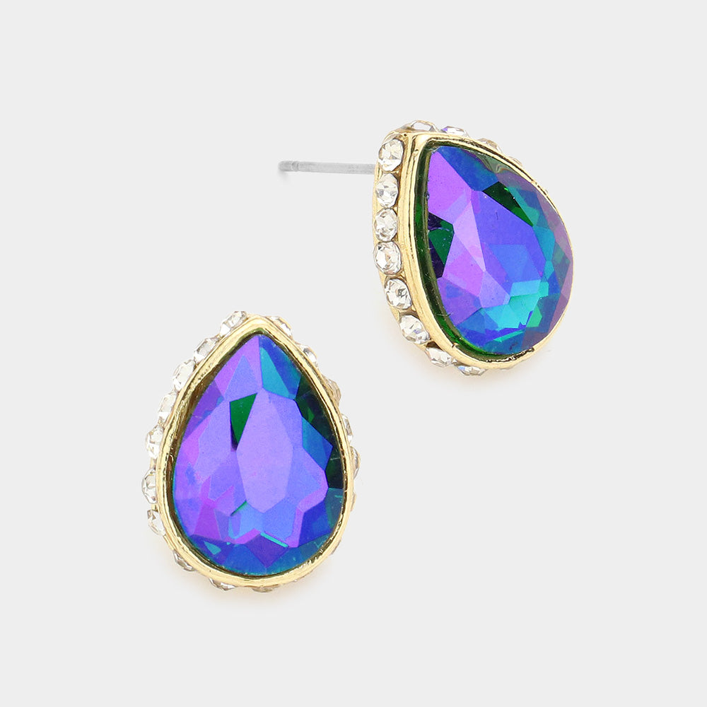 Green AB Rhinestone Trimmed Teardrop Stone Pageant Stud Earrings ...